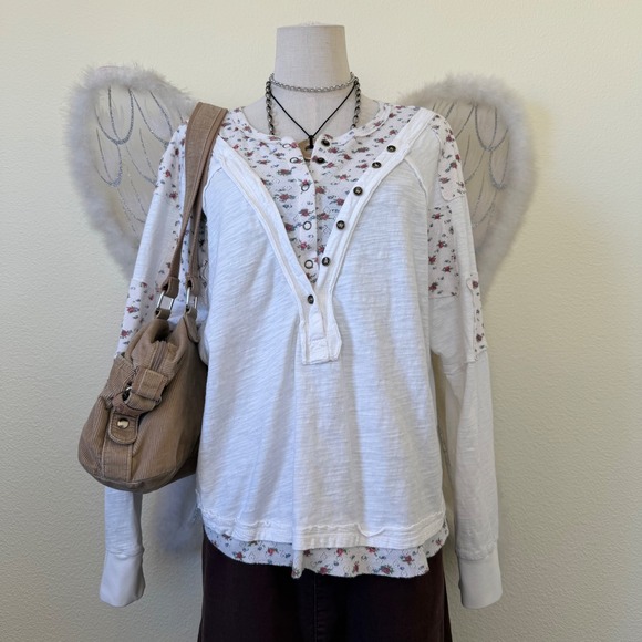 Tops | Indie Grunge Cottagecore Floral Patchwork Henley Long Sleeve Top ...